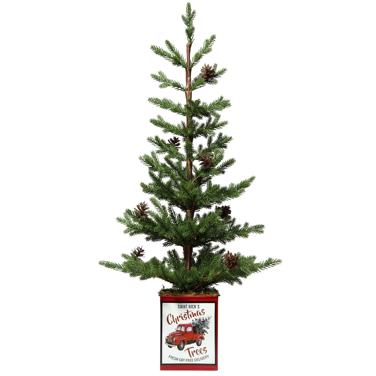 24 Inch Potted Tree with Pinecones, Metal Pot with Classic Red Truck ...